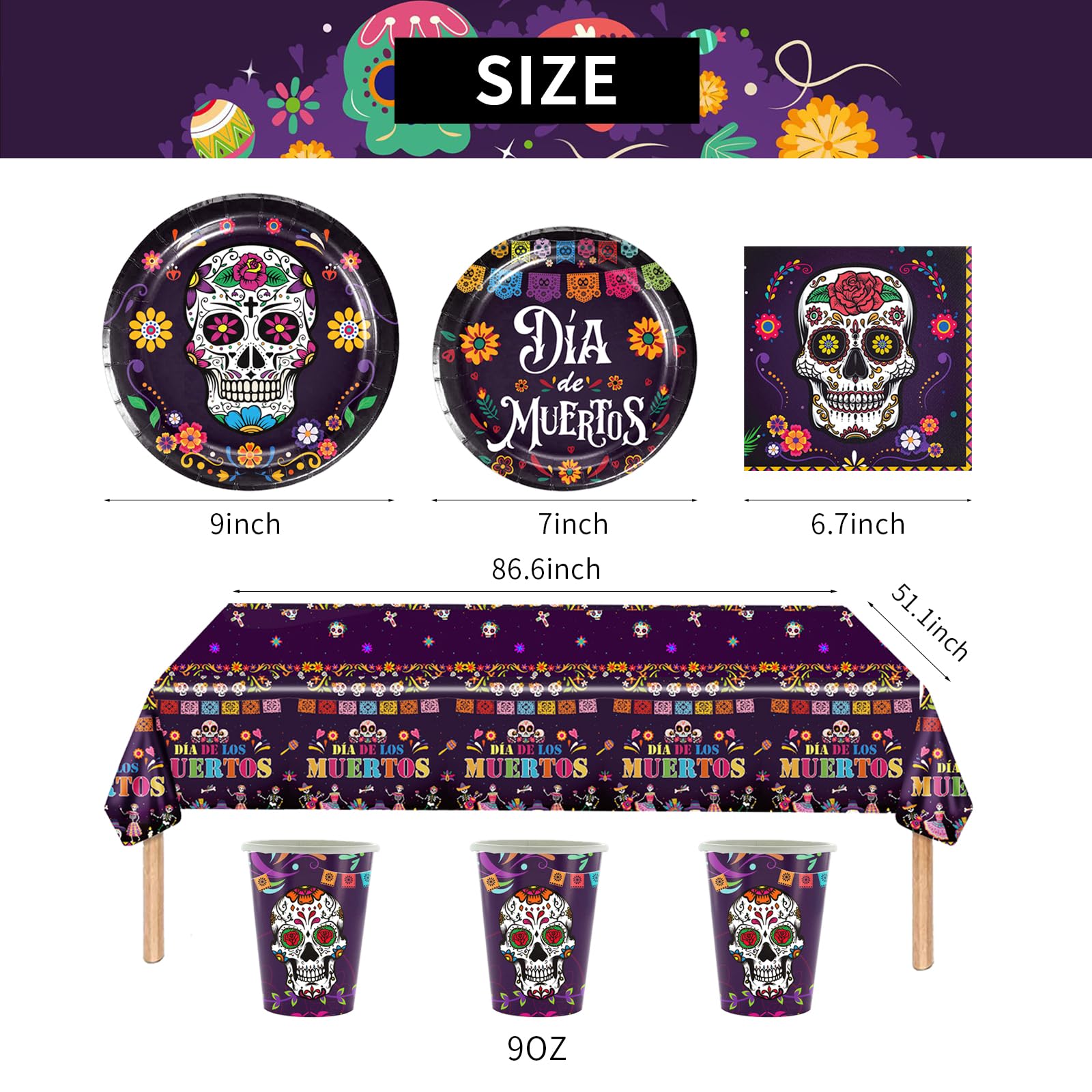 Day of the Dead Party Tableware Set,Sugar Skull Dia De Los Muertos Tableware Include Plates,Napkins,Cups and Tablecloth for Mexican Party Fiesta Decoration Supplies(Serve 16)