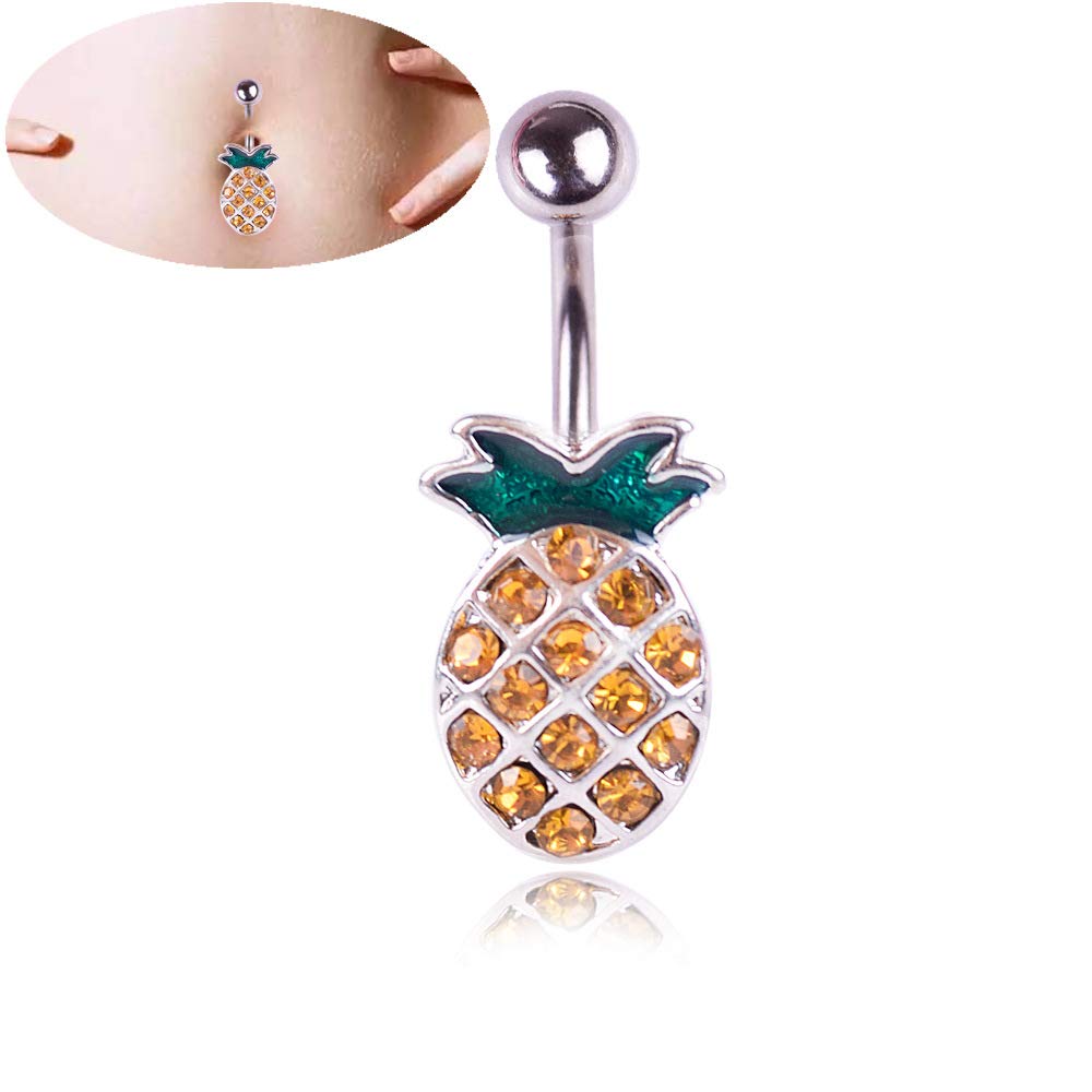 COLORFUL BLING 316L Stainless Steel Fruit Pineapple Navel Rings Crystal Belly Button Rings Body Piercings Jewelry-short