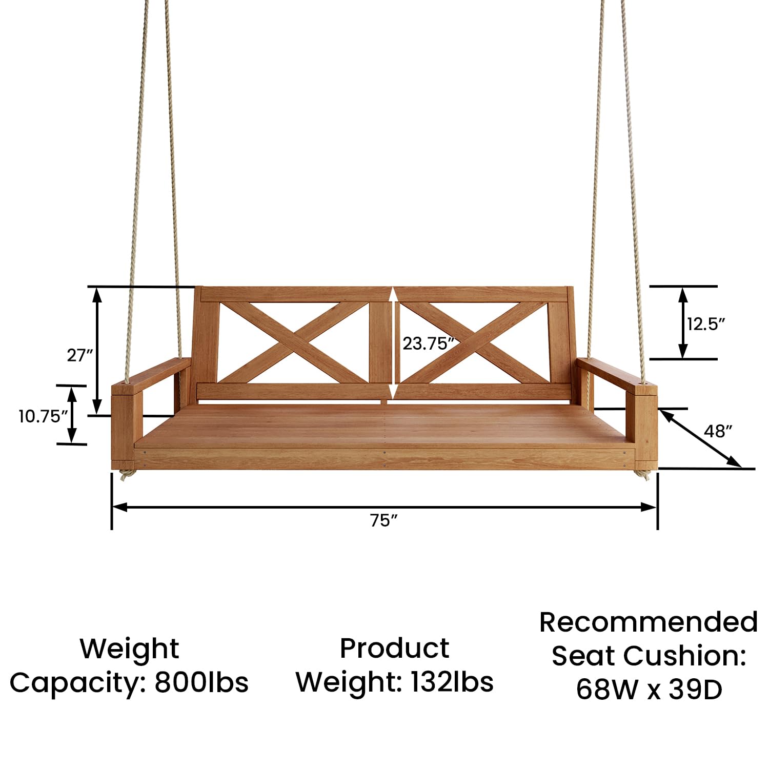 Malvern 6 Foot Wood Porch Swing Bed in Cedar Stain, Amish Handcrafted Daybed Style Swing