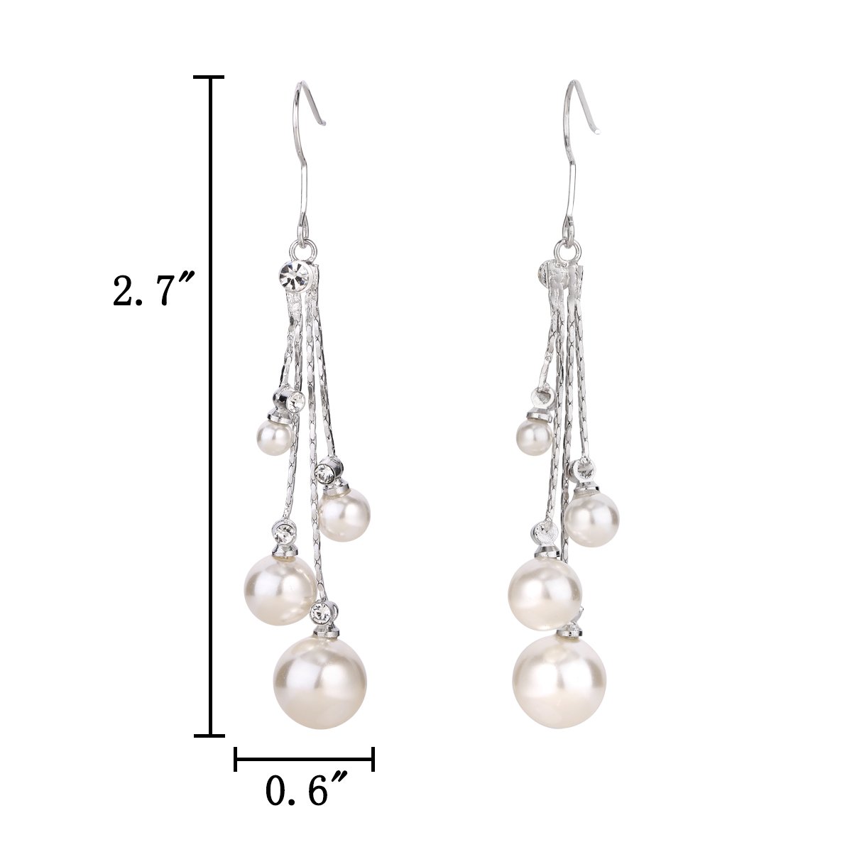 EleQueen Women's Silver-tone Crystal Simulated Pearl 4 Chain Bridal Long Dangle Hook Earrings Ivory Color