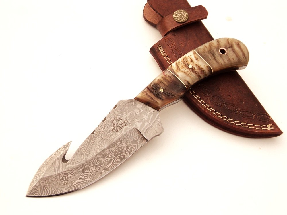 DKC Knives (8 8/18) DKC-826 Musoki Gut Hook Skinner Damascus Steel Knife 9" Overall 5" Blade 8.5 oz Hand Made
