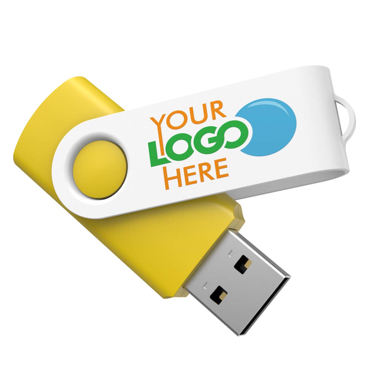 Custom USB Flash Drives Personalized 30+ Color Combos and Logo on 2-Sides - Assembled in USA - Grade A Memory - Yellow Body/White Swivel - 16GB [Pack of 100]