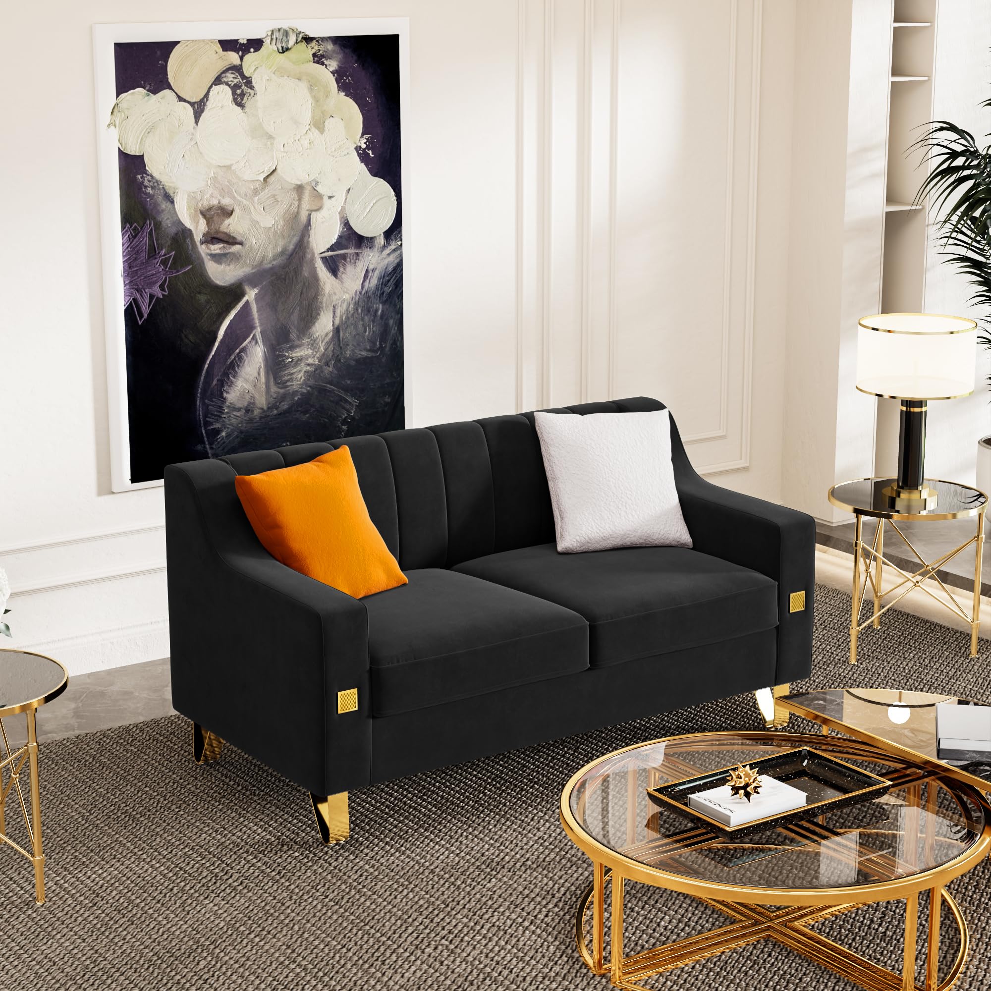 Mid-Century Modern 3 Seater Sofa Couch 82" Blue Velvet Sectional Sofa with Gold Legs and 3 Throw Pillows Large Upholstered Deep Seat Comfy Couch Sofa for Living Room Office Apartment Small Space