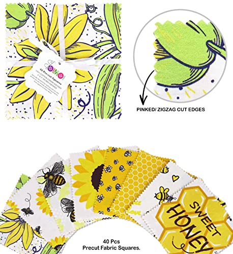 Soimoi Honey Bee Print Precut 5-inch Cotton Fabric Quilting Squares Charm Pack DIY Patchwork Sewing Craft- White & Yellow