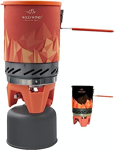 Portable Backpacking Stove WILD-WIND X0 Lightweight Camping Stove Cooking System 1 Liter Pot, One-Piece Design Camp Stove Propane for Hiking, Fishing, Hunting Emergency & Survival (organe)