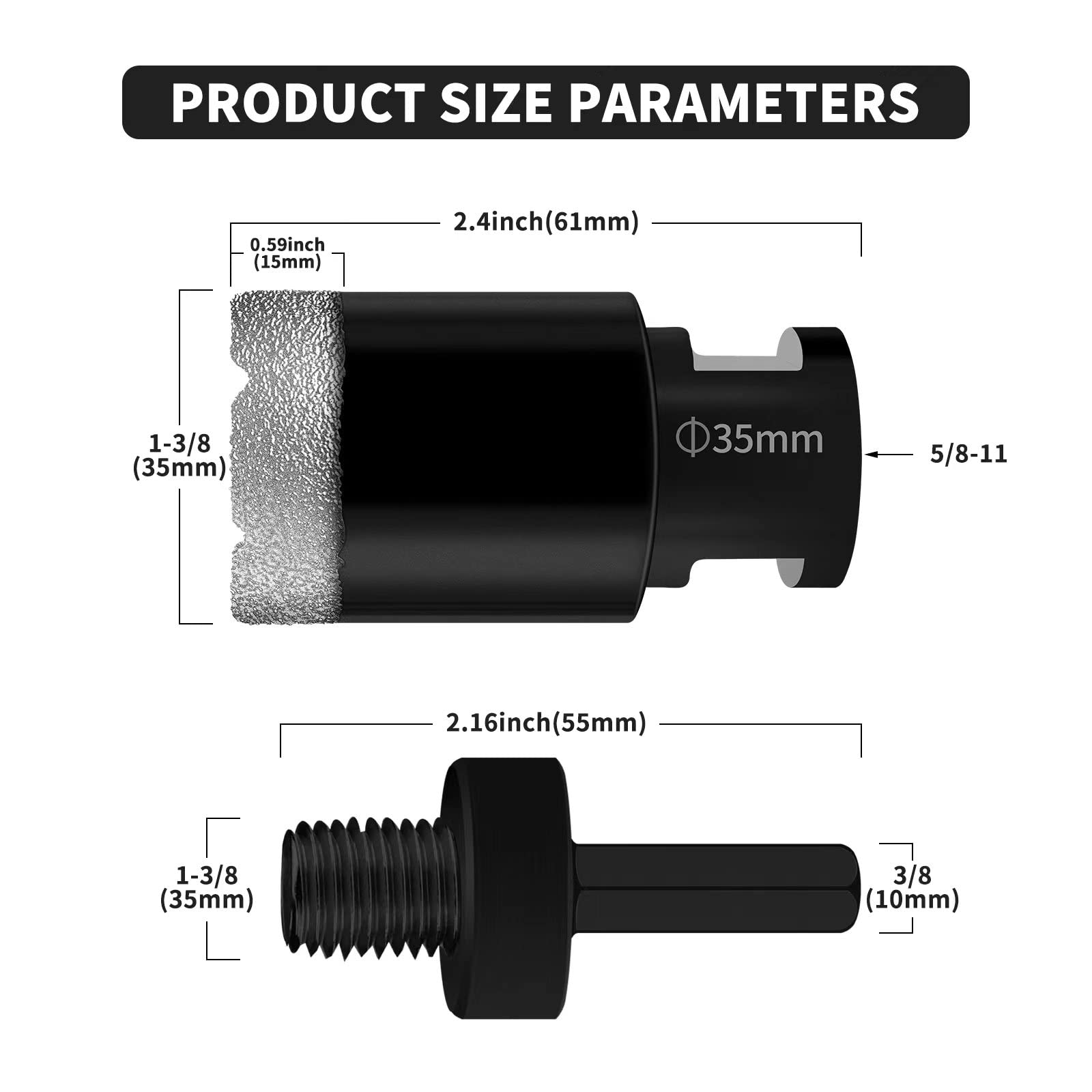 Dry Diamond Core Drill Bits 1-3/8 Inch (35mm) Tile Hole Saws for Porcelain Ceramic Tile Marble Brick Vacuum Brazed Hole Saw with 5/8-11 Thread and 3/8 Inch Hex Shank Adapter