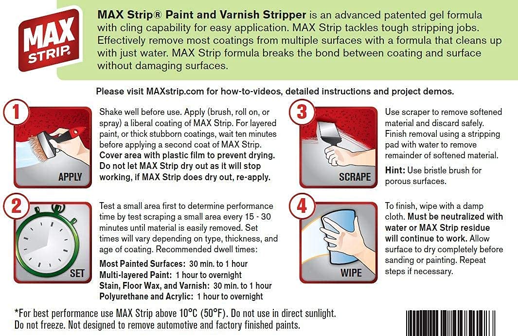 Max Strip Paint & Varnish Stripper 32oz - Paint Stripper for multiple layers of acrylic, latex, oil & water-based paints, varnishes. For wood, metal, masonry, plaster, tile, molding.