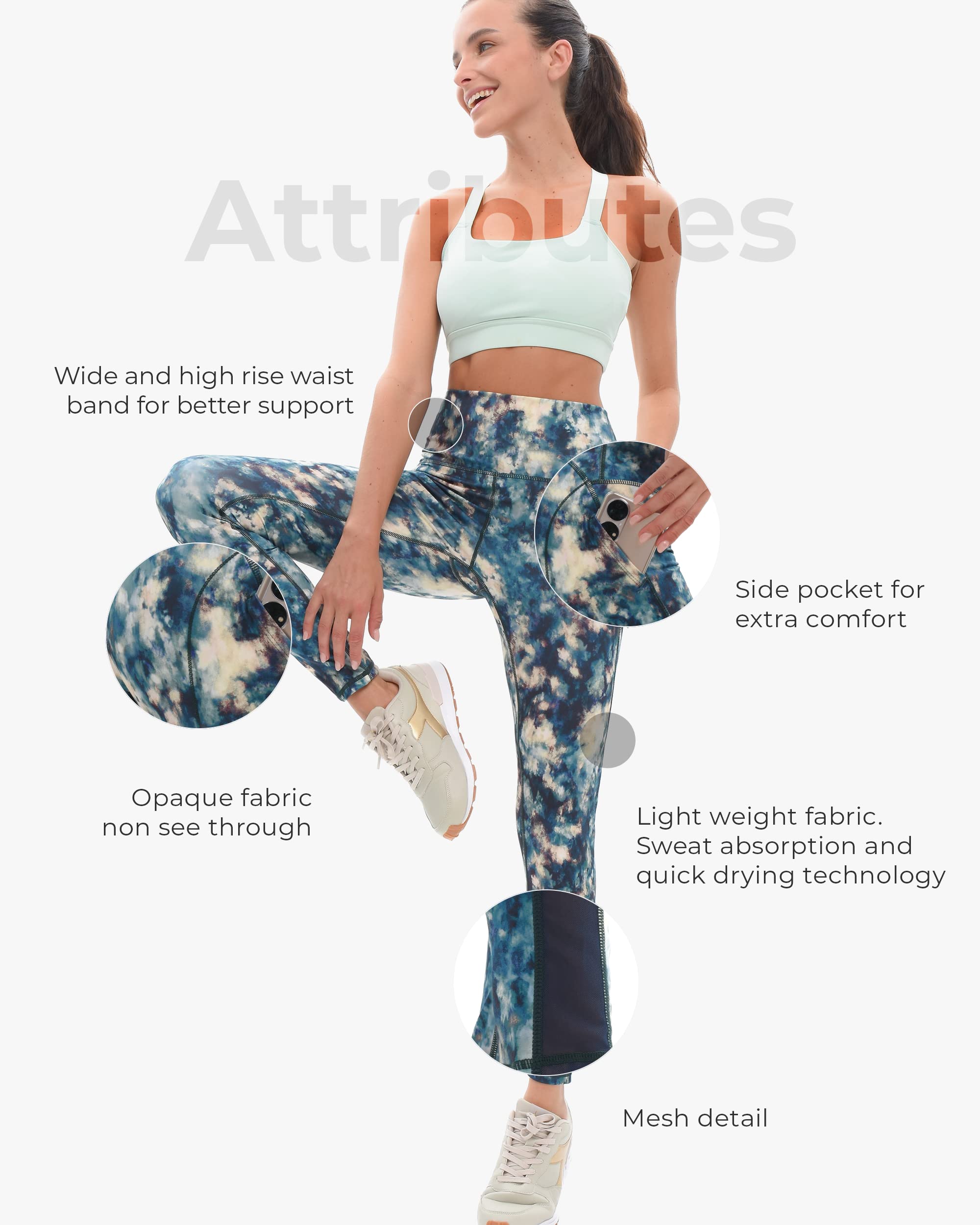 FALABELLA High Waisted Belly Control Leggings for Women Dry Fit for Workout with Lateral Pocket Print Turquoise Medium