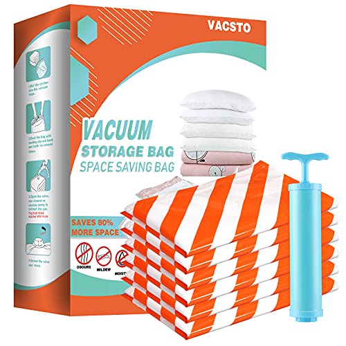Vacuum Storage Bags Medium Space saver Bags 6 Pack (27.5β X 19.6β) With Handpump Space Saver Compression Seal Bags for Clothes, Quilts, Pillows, Double Zip Seal & Leak Valve