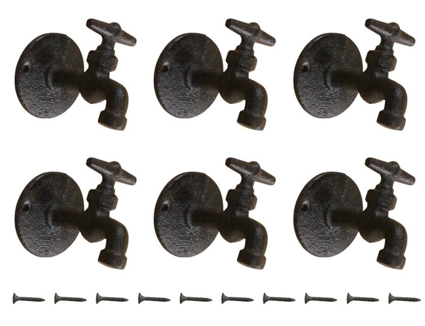 Midwest Craft House 6 Rustic Cast Iron Hooks, Faucet, Spigot Looking, Faux Faucet, Wall Hooks, Coat Hooks, Drawer Pulls
