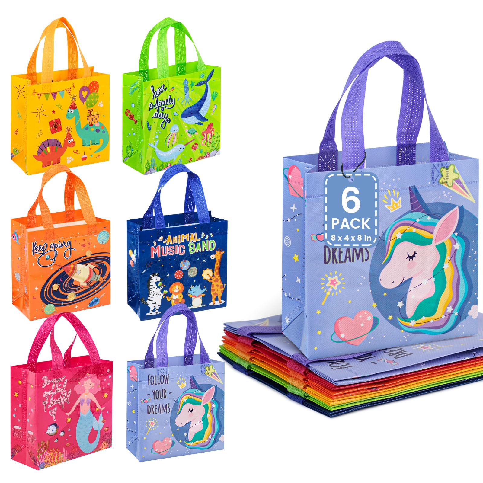 JOHOUSE 6PCS Reusable Gift Bags with Handles, 8x3.5x8 inches Assorted Gift Wrap Bags Large Gift Bags with Super Cute Patterns for Birthdays, Baby Showers, Bridal Showers & Other Occasions