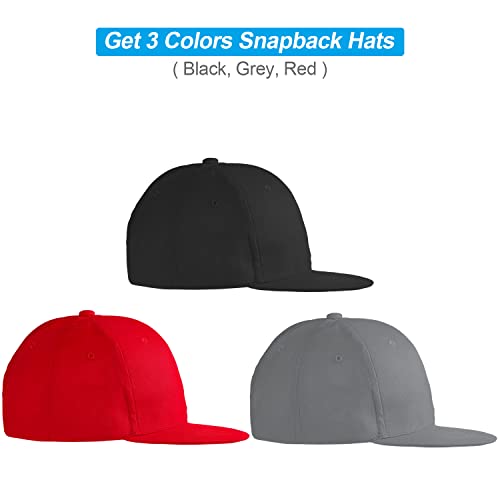 Falidem 3 Pack Snapback Hats for Men, Unisex Baseball Cap, Adjustable Snapback Hat, Cotton Flat Bill Hats for Men, Mens Snapback Hats (Black, Grey, Red)