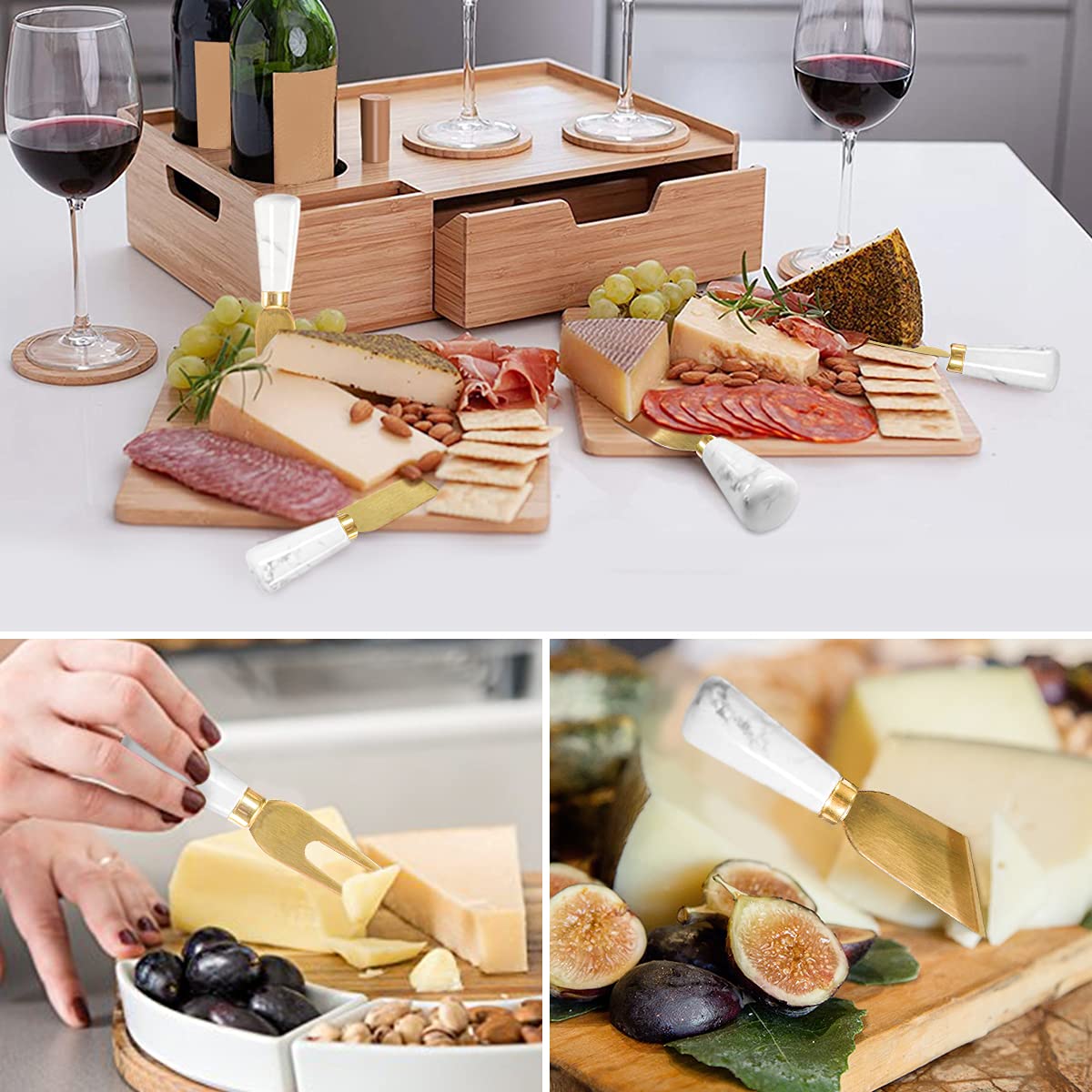 Funland 4PCs Cheese Spreader Knife Set with Marble Handle, Cute Cheese Knives Cutter Slicer Marble Cheese Board, Cheese Spatula Cheese Board Accessories, Gift Parties, Holiday, Weddings - Gold