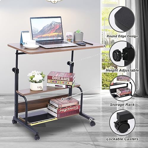 Portable Desk Small Desks for Small Spaces Laptop Table Brown Rolling Adjustable Desk on Wheels Mobile Couch Desk for Bedroom Home Office Computer StandingĀ Desk Student Desk with Storage 32x16 Inch