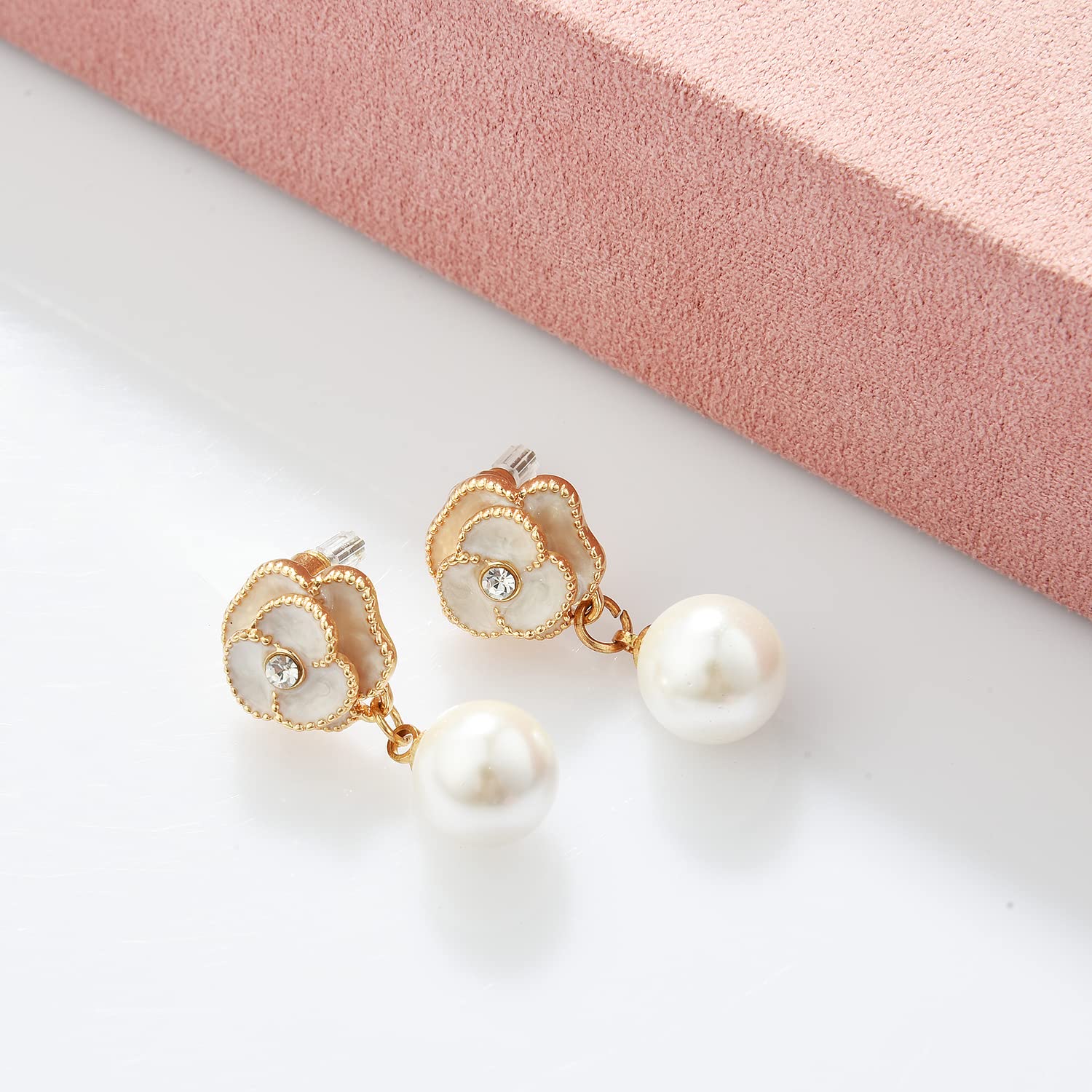 Designer Faux Imitation Pearl Floral charm Dangle Drop Fashion Earrings Studs (White)