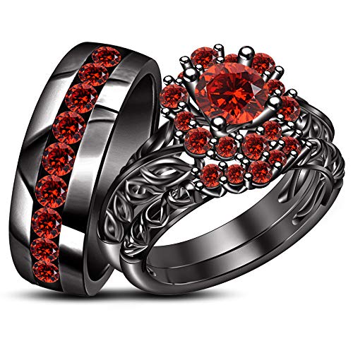 Designer His Her Wedding Engagement Trio Ring Set 14k Black Gold Over Sterling Silver Round Cut Red Garnet Wedding Ring