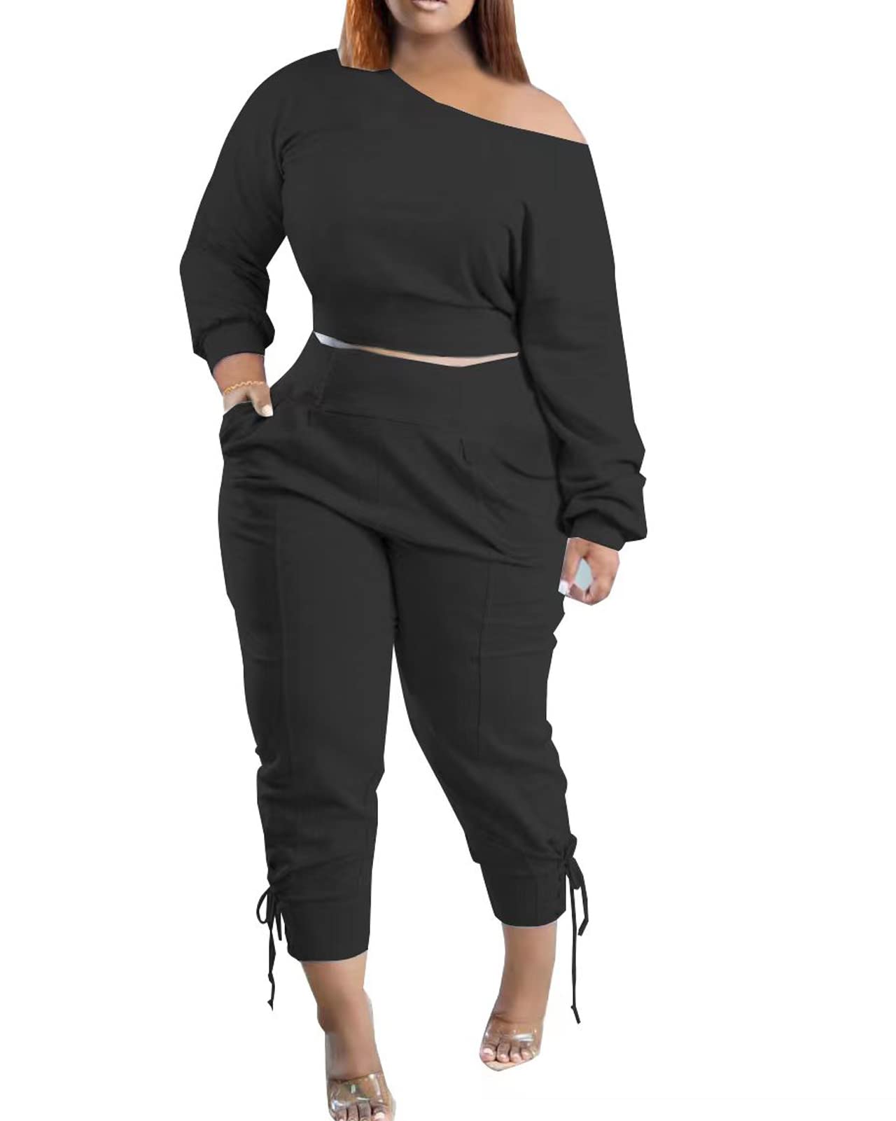 Fall Outfits for Women 2 Piece Sets Sweatsuits Track Suits Two Piece Off One Shoulder Long Sleeve Crop Top Pants Jogger Sets Black 2XL