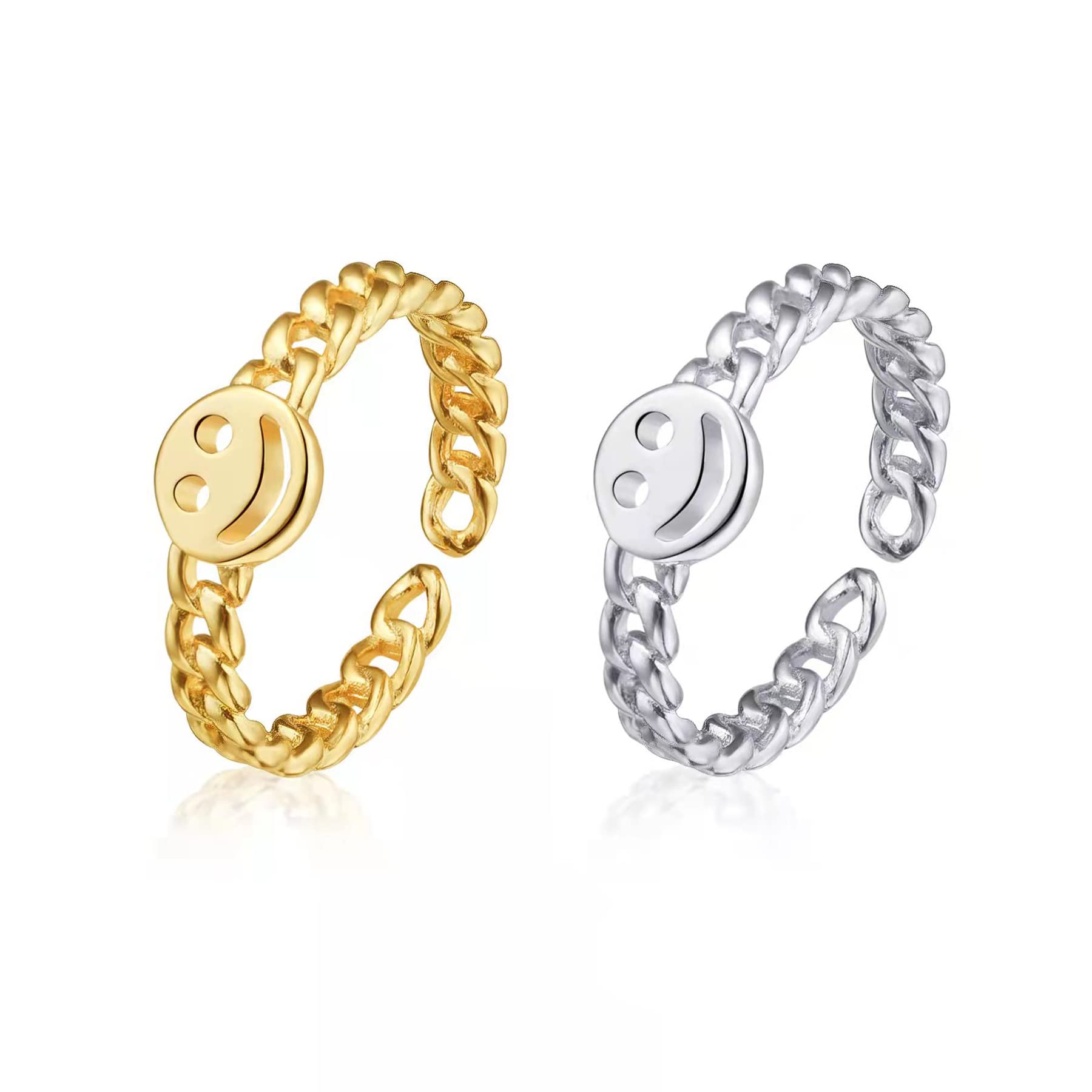 DXZNBEST Women Smiley Face Ring Good Luck Band Open Smiling Happy Face Rings Statement Jewelry Adjustable Bands for Women Men 2PCS
