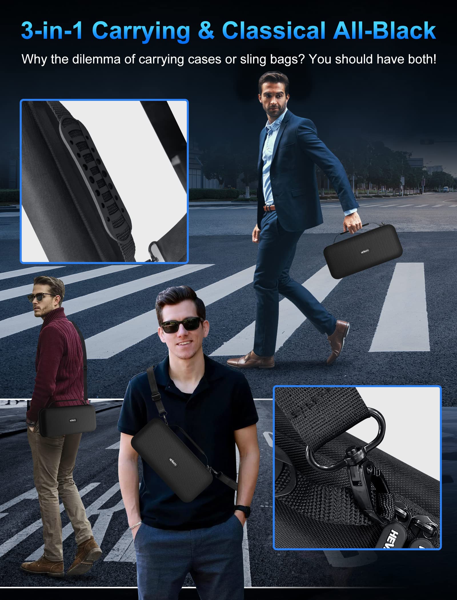 Hevanto Carrying Case, 3-in-1 Hard Sling Bag, Premium Handle & Zipper, with Kickstand & SD Card Slots, Black