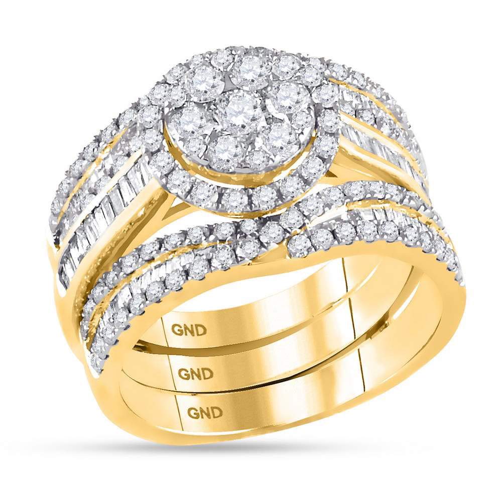 Dazzlingrock Collection 14kt Yellow Gold Womens Round Diamond Cluster Bridal Wedding Engagement Ring Band 3-Piece Set 2.00 ctw