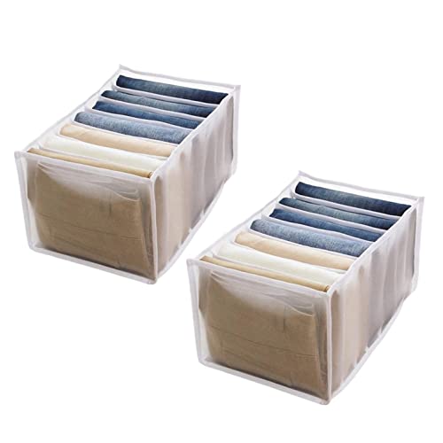 FLOODKING Wardrobe Clothes Organizer, 2Pcs Foldable Washable Drawer Storage Boxes With 7 Compartments, High Capacity Grids Closet Dividers for Underwear, Socks, T-shirts, jeans (large, White)