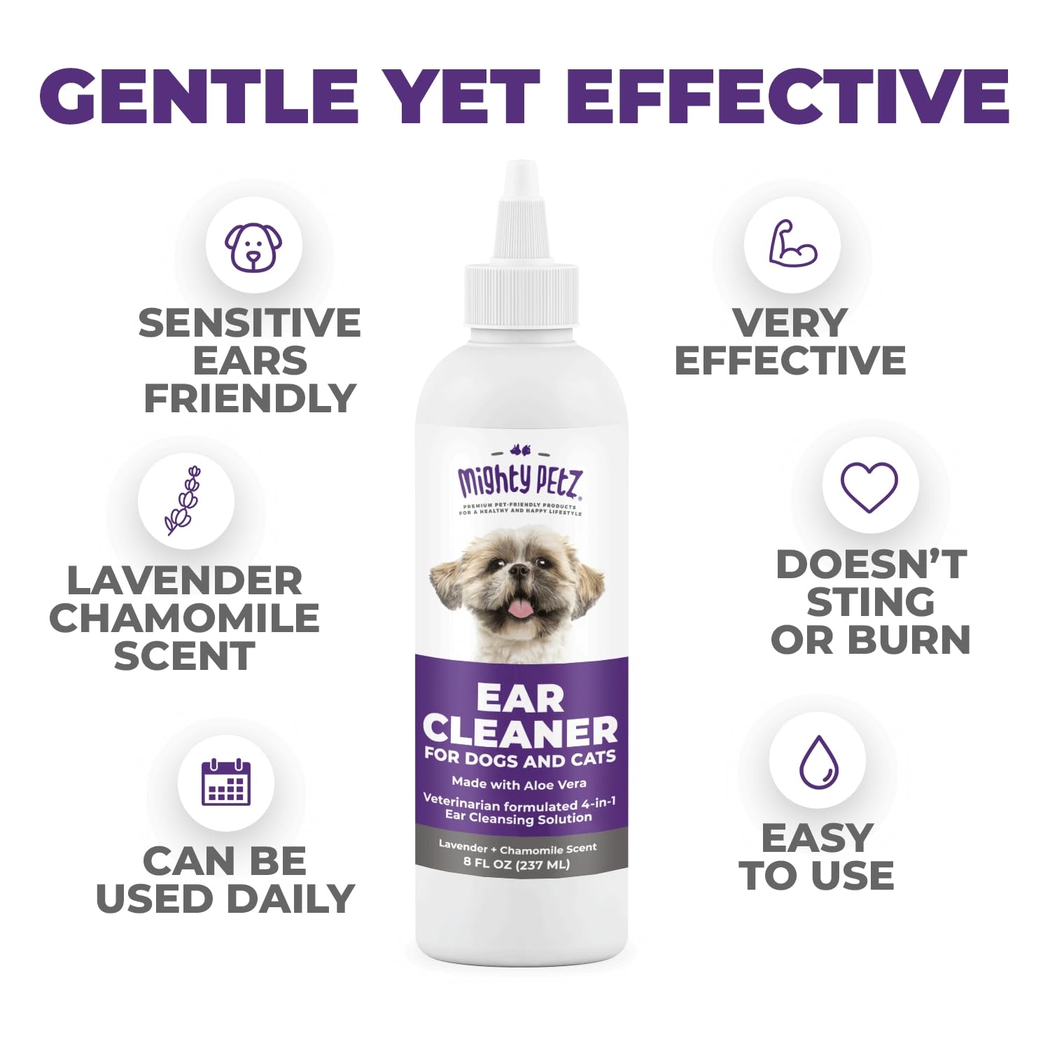 Mighty Petz Dog Ear Cleaner β Pet Ear Wash to Support Itchy, Infection Prone Ears, Yeast and Wax. Advanced & Gentle Otic Cleaning Solution. Ear Drops for Dogs and Cats - 8 oz