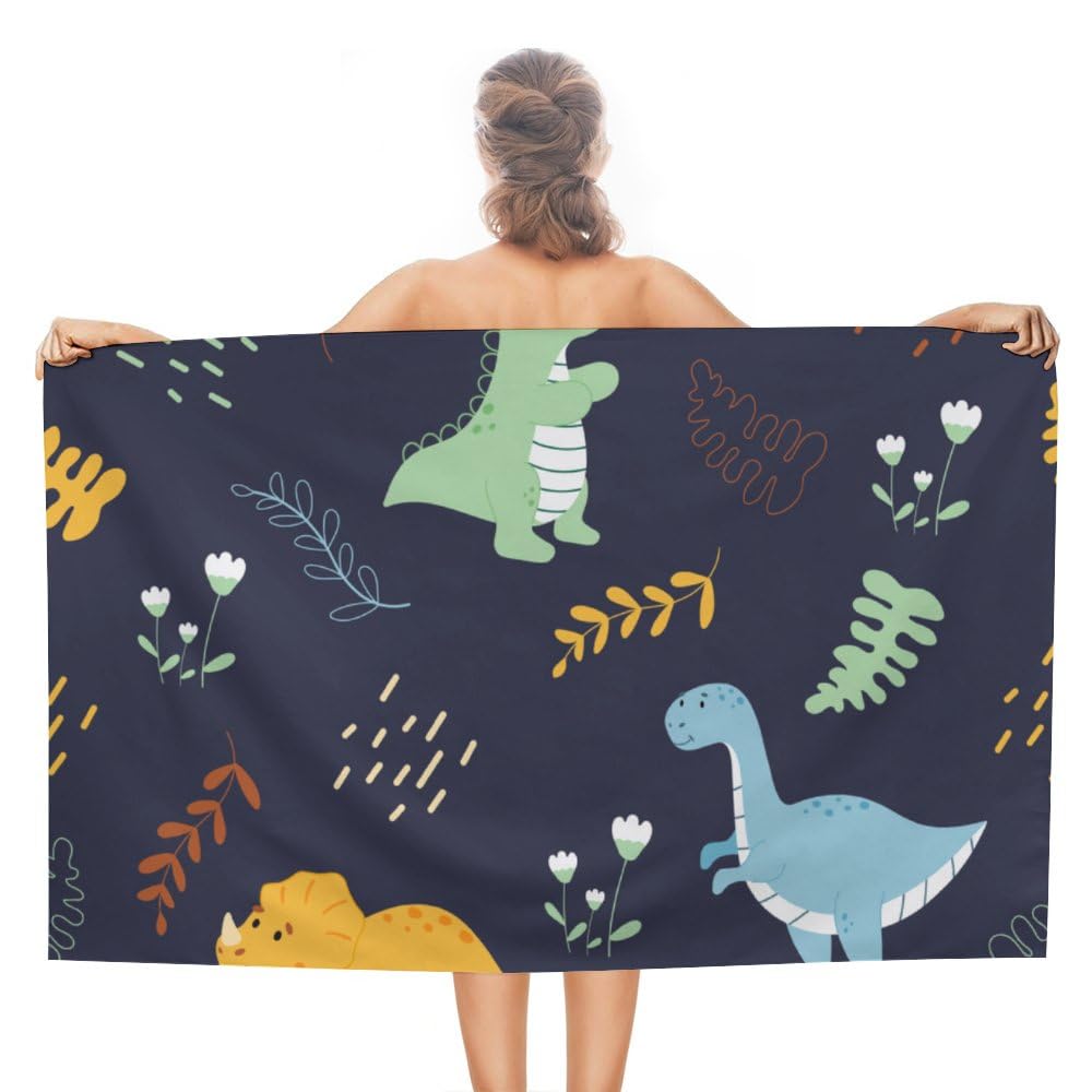 Colorful Cute Dinosaurs Microfiber Absorbent Lightweight Beach Towels Fast Dry Oversized Sand Free Beach Blanket 31x51in for Swimming Camping Travel Gym and Yoga