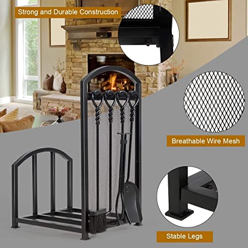 HAPPYGRILL Firewood Log Rack Indoor Outdoor Fireplace Storage Holder with 4 Tools Set