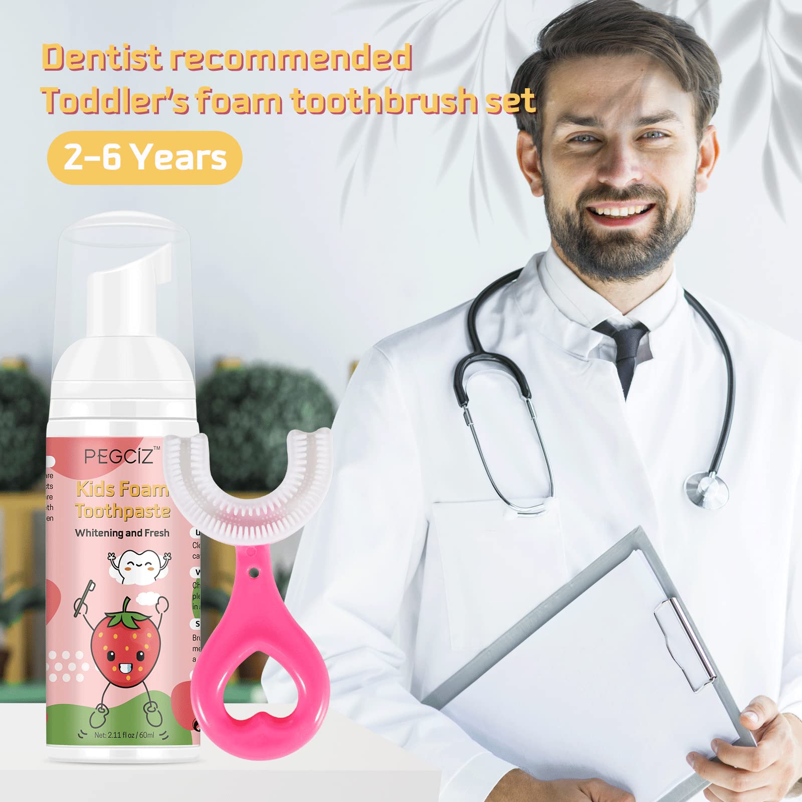 Foam Toothpaste Kids with Low Fluoride & U-Shaped Toothbrush Combo Pack,Manual Toothbrush with Food Grade Soft Silicone Head,360° Oral Teeth Clean Design Ages 2-6,Strawberry Flavor