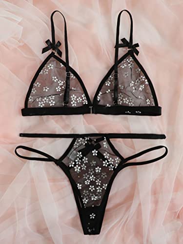 SOLY HUX Women's Sexy Sheer Mesh Lingerie Set See Through Lace Bra and Panty Set Valentines Day Lingerie 2 Piece Solid Black Medium