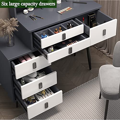 Vanity Desk with Mirror and Lights,Modern Makeup Vanity Set,Adjustable Led & Six Drawers & Five Storage Shelves & Vanity Stool Chair,Large Makeup Desk Dressing Table for Bedroom