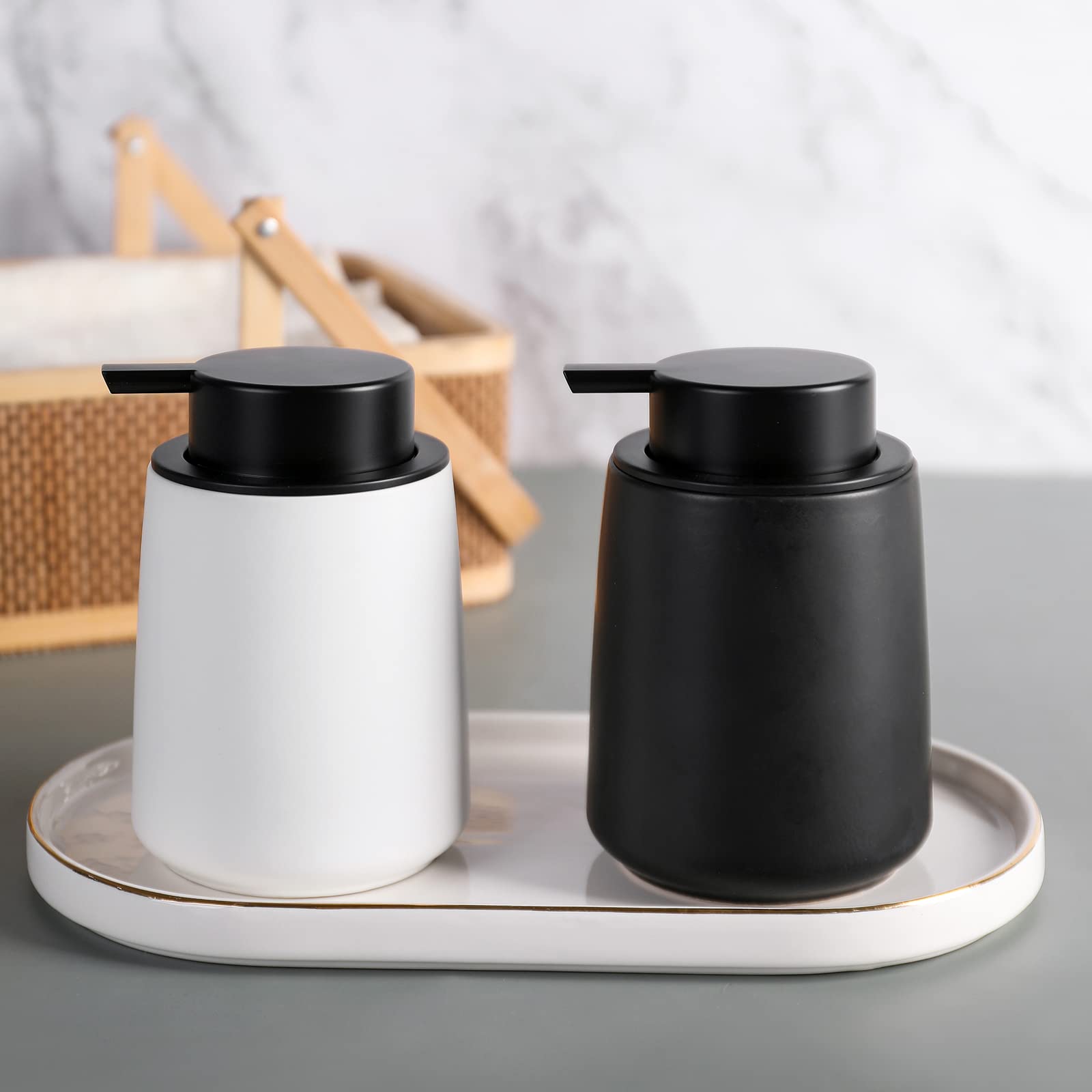 Foaming Hand Soap Dispenser Ceramic, Foam Dish Soap Dispenser for Bathroom and Kitchen Sink, Liquid Pump Bottle for Shampoo, Body Wash, Black, 2 Pack