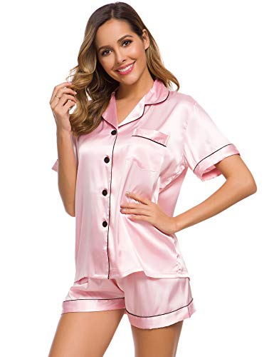 SWOMOG Womens Silk Satin Pajamas Set Two-Piece Pj Sets Sleepwear Loungewear Button-Down Pj Sets