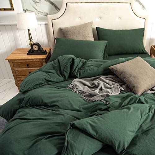 PURE ERA Jersey Knit Duvet Cover Set 100% T-Shirt Cotton Super Soft Comfy 3pc Bedding Set with Zipper Closure (Solid Forest Green, Queen)