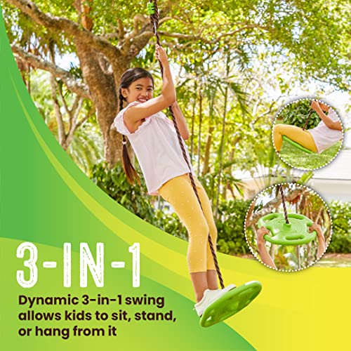 Swurfer Disc Tree Swing - Swing Sets for Backyard, Outdoor Swing Playset, Swingset Outdoor for Kids, Easy Installation, Adjustable Heavy Duty Braided Rope, Weather Resistant, Ages 4 & Up,Green