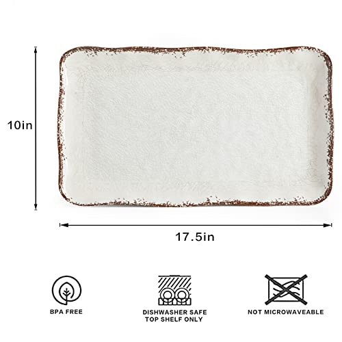 LEHAHA Farmhouse Large Serving Platters, 2 Piece Melamine Dinnerware Set, 17.5 x 10 Inches Vintage Serving Tray, Rectangle White Rustic Trays Set of 2