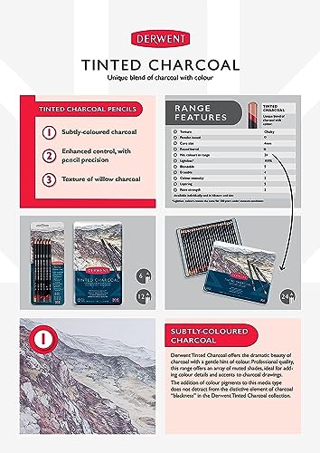 Derwent Tinted Charcoal Pencils, 4mm Core, Metal Tin, 24 Count (2301691)
