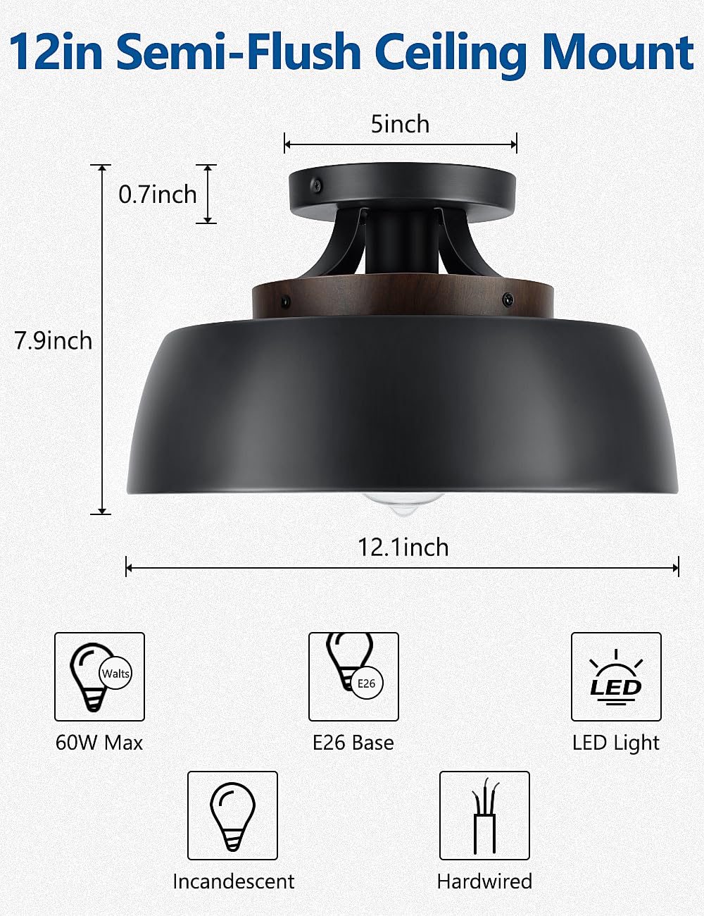 DAKASON Semi Flush Mount Ceiling Light Fixture, Vintage Close to Ceiling Light, Matte Black Farmhouse Ceiling Lamp for Kitchen Hallway Entry Living Room Bedroom, E26 Base