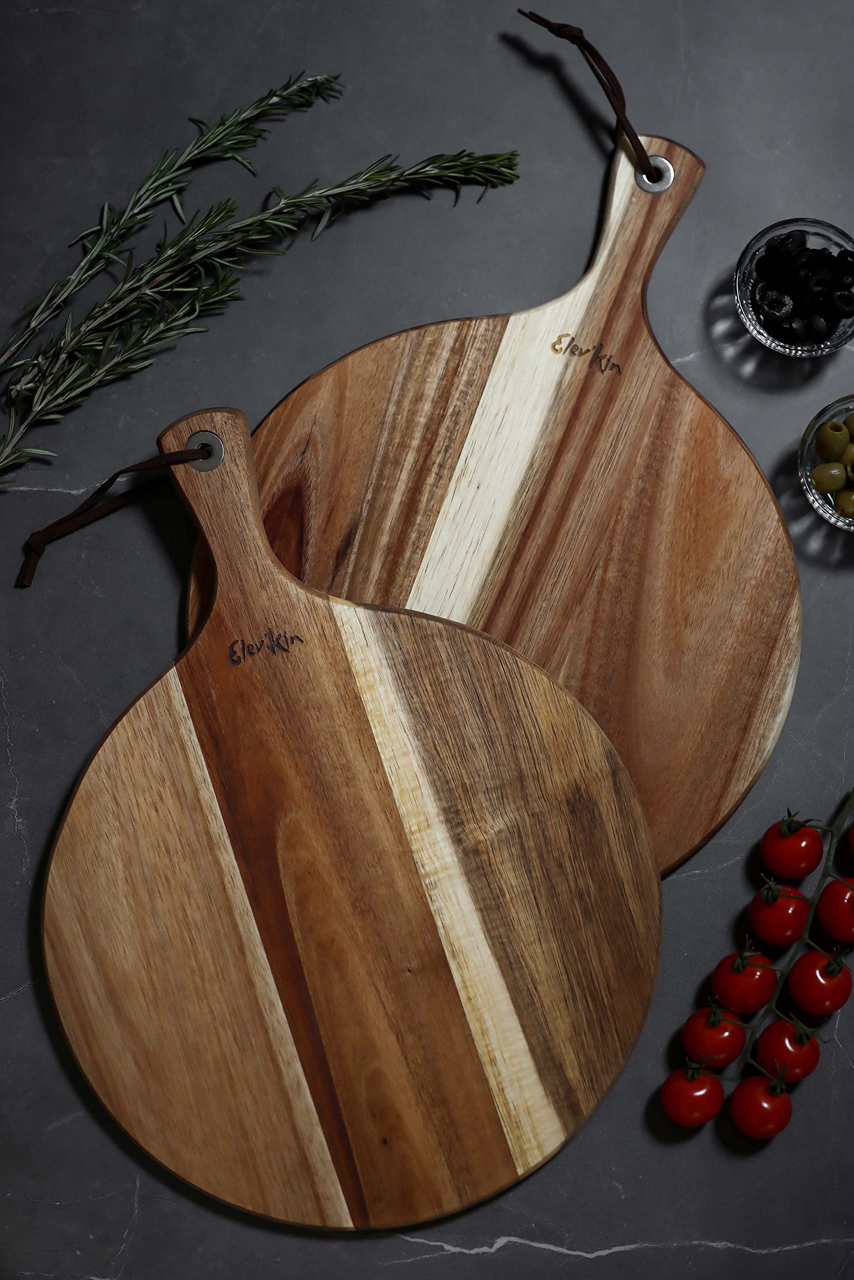Elevkin Round Cutting Board, Acacia wood cutting board for kitchen, Charcuterie Boards and Cheese Serving Platter for Meat, Bread and Crackers, Deviled Egg Plates & Pizza Peel for Party, 12 x 16 inch