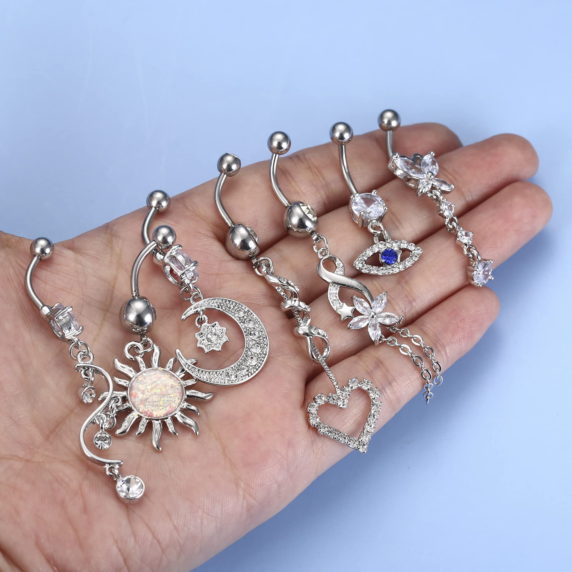 Fansilver 7Pcs 14G Belly Button Rings Dangle 316L Surgical Steel CZ Navel Ring Barbell for Women Butterfly Heart Evil Eye Belly Button Rings Pack