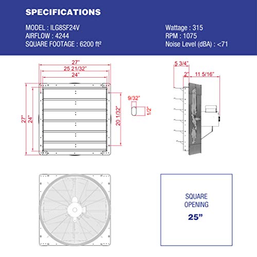 iLiving - 24" Wall Mounted Exhaust Fan - Automatic Shutter - Variable Speed - Vent Fan For Home Attic, Shed, or Garage Ventilation, 4244 CFM, 6200 SQF Coverage Area (Power Cord Not Included)