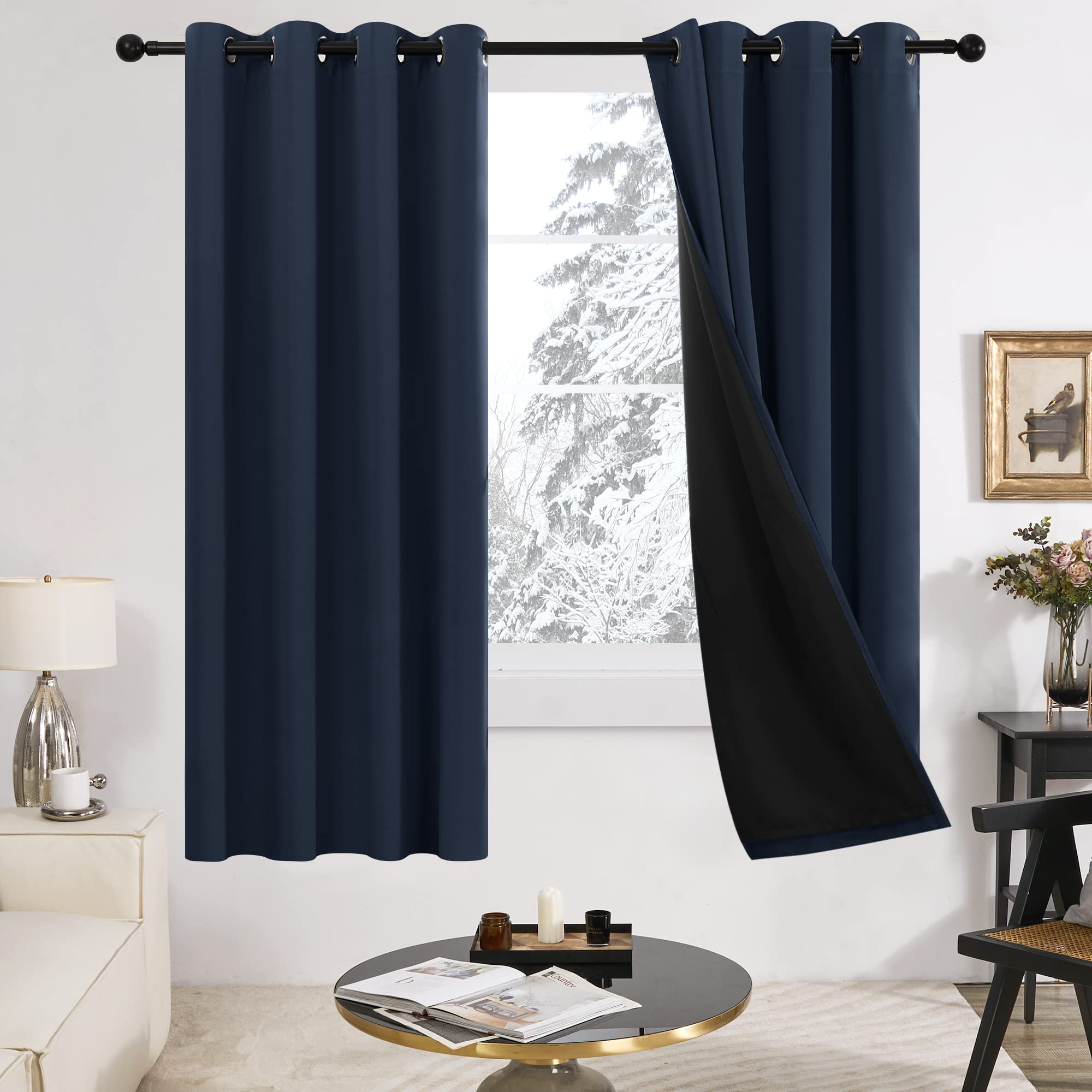 Deconovo 100% Blackout Curtains with Grommets, 63 Inch Navy Curtains, Energy Saving Thermal Insulated Lined Drapes, Window Curtains for Bedroom Living Room, 2 Panels, 52x63 in, Navy Blue