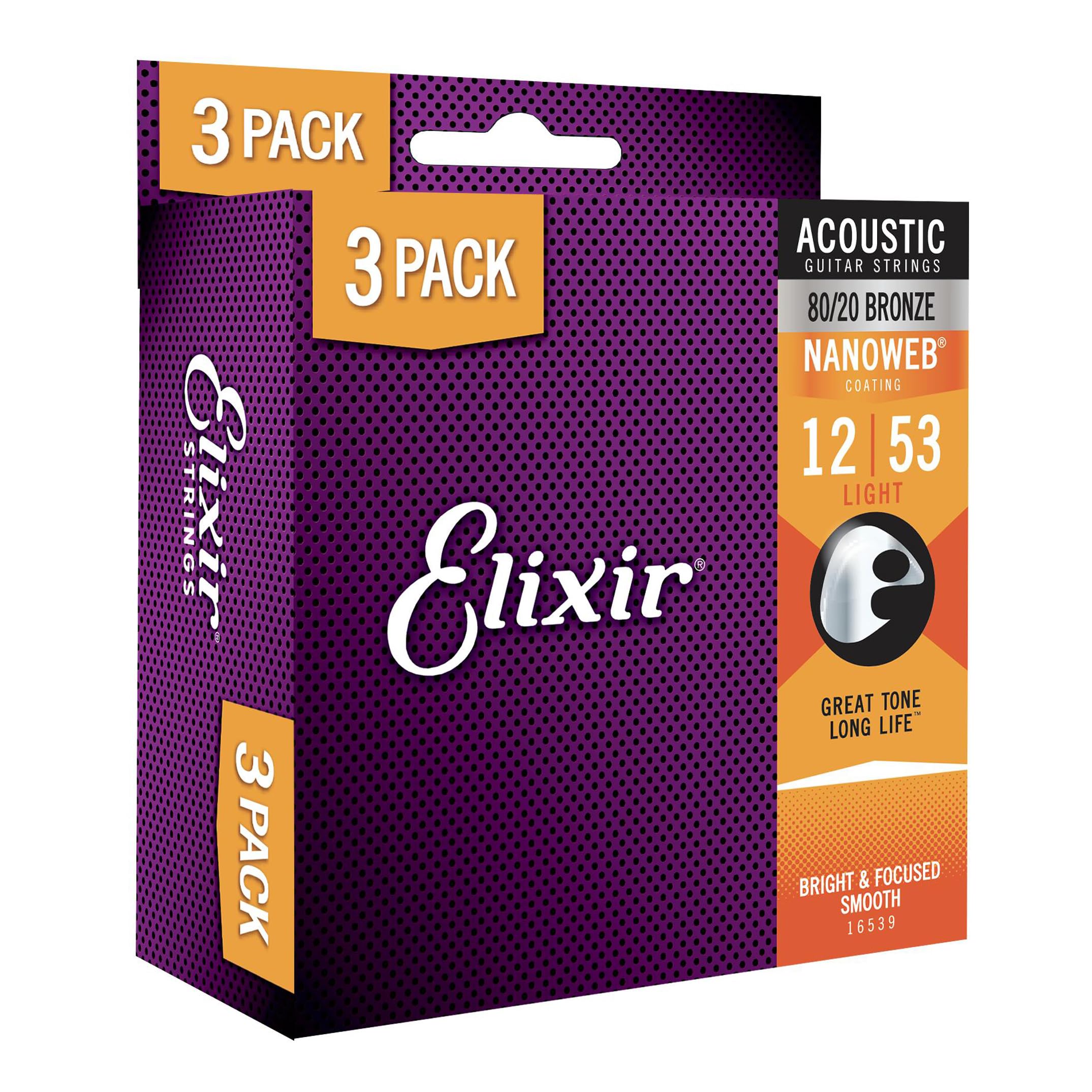 Elixir Strings, Acoustic Guitar Strings, 80/20 Bronze with NANOWEB Coating, Longest-Lasting Bright and Focused Tone with Comfortable Feel, 6 String Set, 3 Pack, Light 12-53