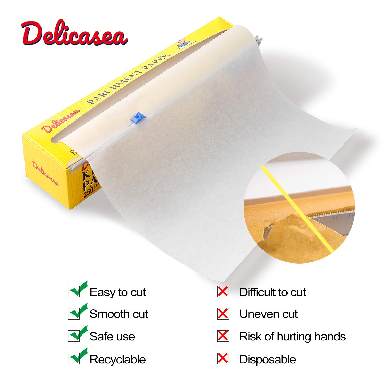 Delicasea 250 SQ FT Parchment Paper Roll for Baking 15 in x 200 ft with Slide Cutter, White Baking Paper Roll for Cooking, Roasting, Grilling