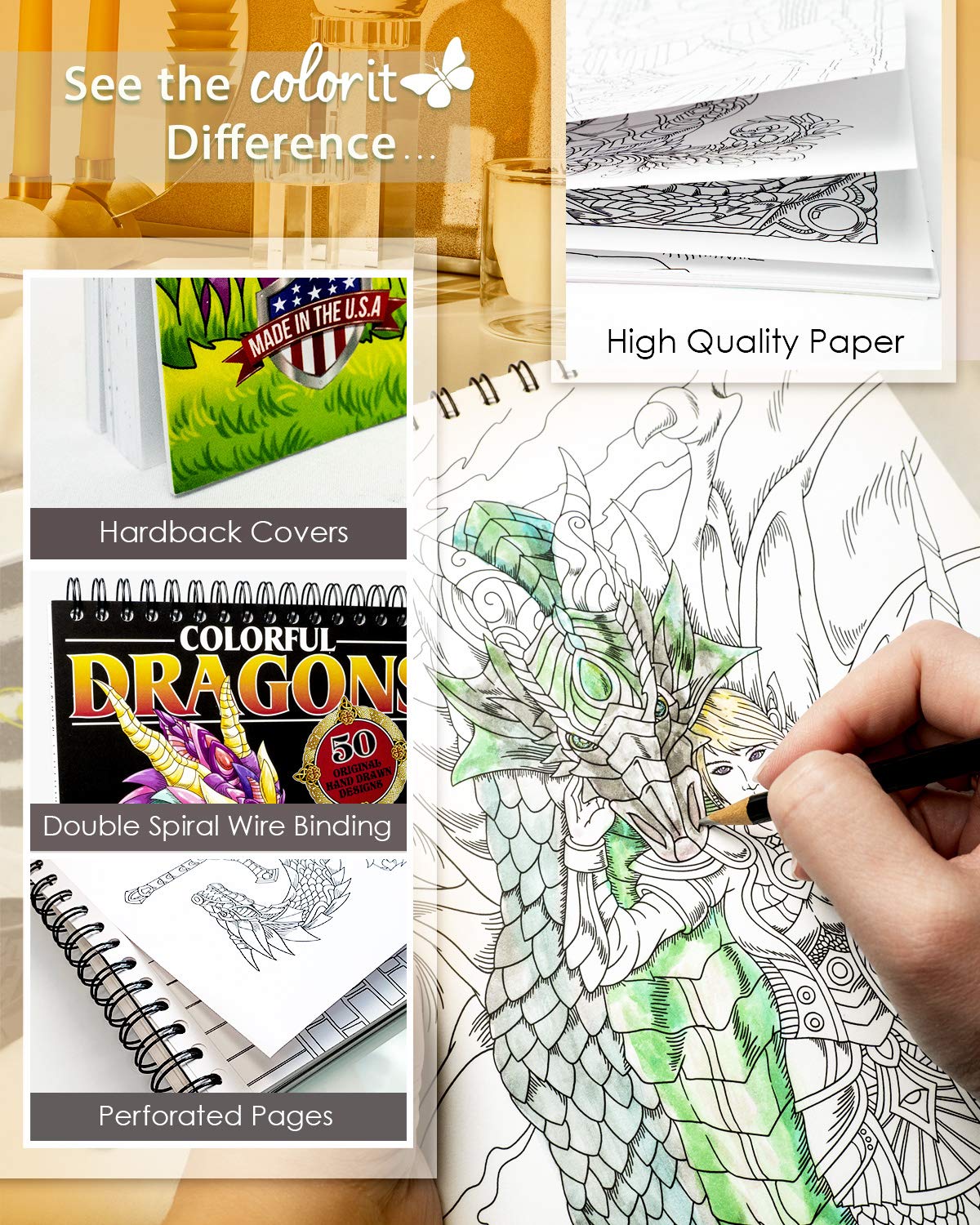 ColorIt Colorful Dragons Adult Coloring Book - 50 Single-Sided Designs, Thick Smooth Paper, Lay Flat Hardback Covers, Spiral Bound, USA Printed, Dragon Pages to Color (Volume I)