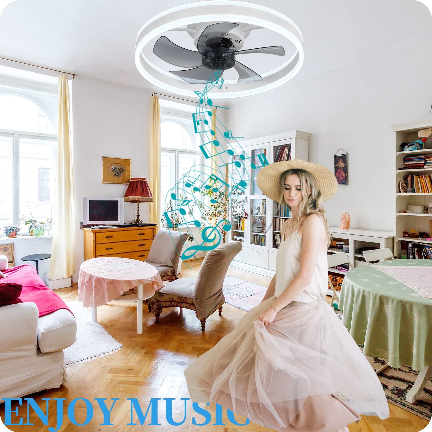 DewShrimp Flush Mount Ceiling Fan with Lights Bladeless Ceiling Fan with Bluetooth Speaker App and Remote Control Low Profile Ceiling Fan LED Stepless Dimming 3 Colors 6 Speeds Reversible 19.8