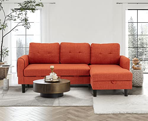 Modern Pull Out Sleeper Sofa Bed with Chaise, Comfy L Shaped Convertible Sleeper Couch with Storage and Pocket, Sectional 3 Seat Couch for Living Room Furniture or Home Office, Tufted Back - Orange