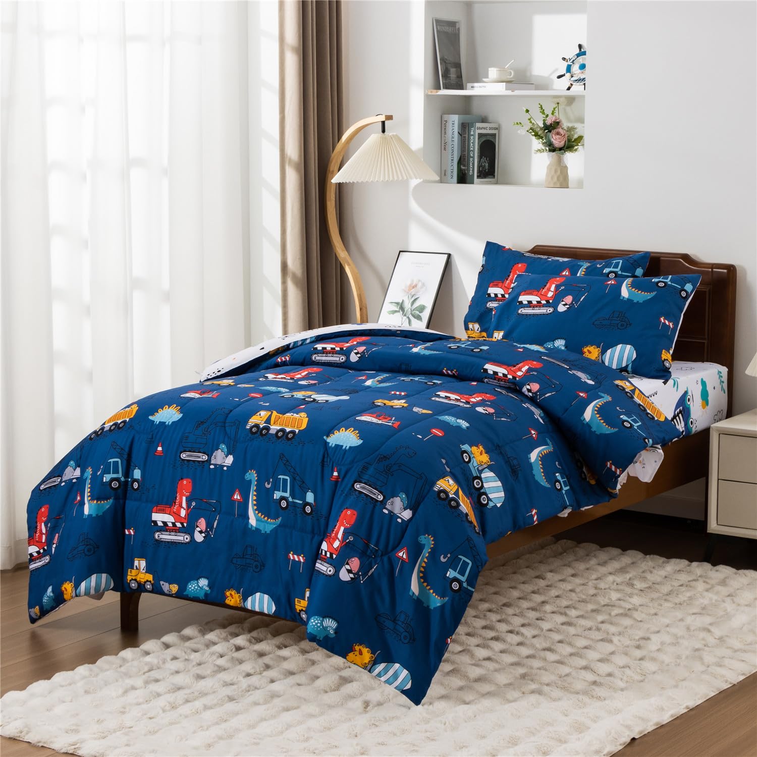 Meeting Story Construction Truck Car Twin Comforter Set for Boys,5 Pieces Dinosaur Bedding Set with Sheets and Pillowcases,Excavator Lightweight Microfiber Bedding Sets(Blue,Twin5pcs)