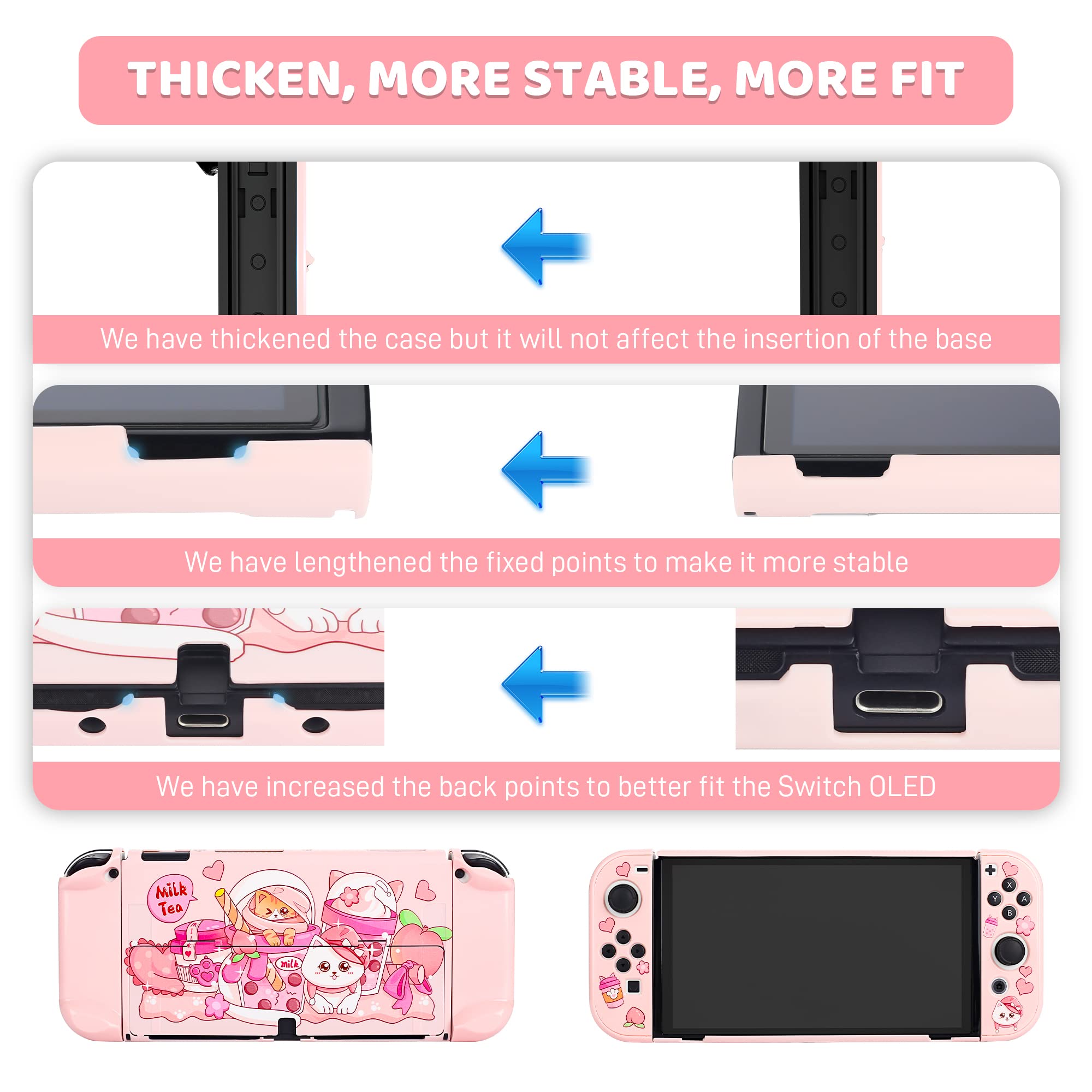 FANPL Cute Case Compatible with Nintendo Switch OLED 2021, Pink Cover with Milk Tea & Cat Pattern for Switch OLED, Hard PC Shell with Ergonomics Joycon Case, Dockable Protective Case for Girls