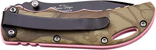 Elk Ridge - Outdoors Folding Knife - 3.75-in Black Stainless Steel Blade, Camo Coated Pink Aluminum Handle, Pocket Clip - EDEC, Hunting, Camping, Survival - ER-134CA